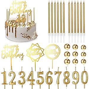 Yerliker 34 Pcs Happy Birthday Cake Toppers Decorations Birthday Candles for Men Women with 12 Long Thin Candles 10 Number Candles 9 Ball Cake Topper 3 Birthday Cake Topper(Gold)