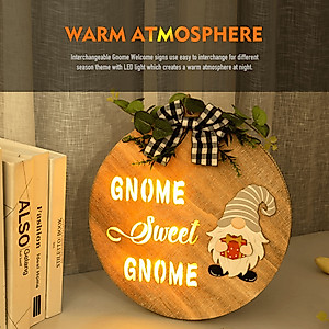 Lighted Interchangeable Gnome Welcome Door Sign, 12 inches Seasonal Front Door Gnome Sweet Gnome Home Decor Hanger, Holiday Wooden Rustic Farmhouse Wall Decor Wreaths with LED Light & 9 Season Icons