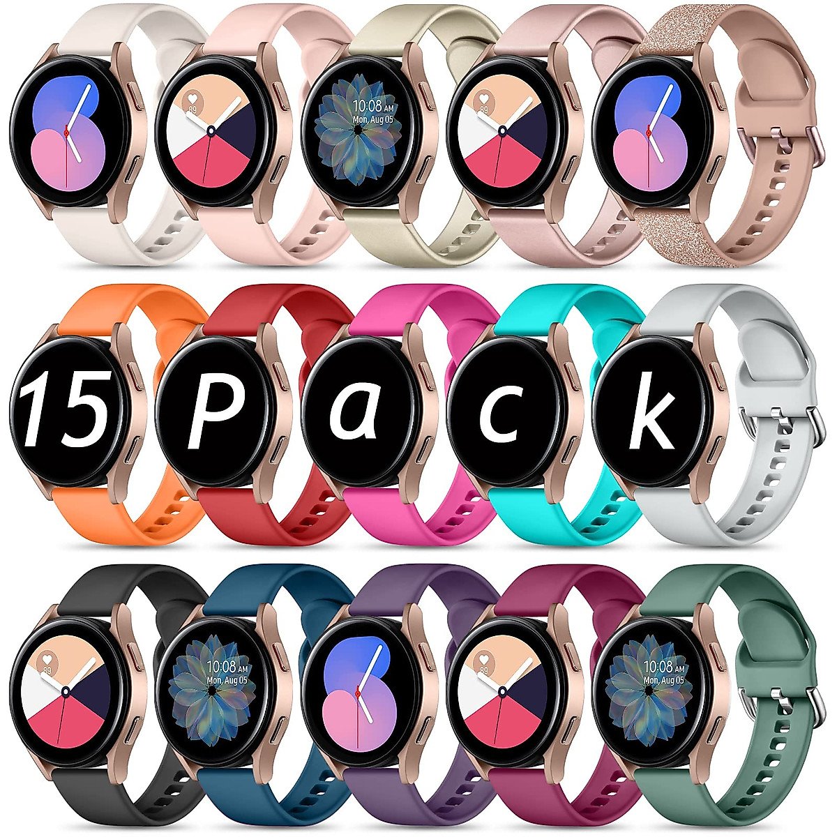 Maledan 15 Pack Bands Compatible with Samsung Galaxy Watch 7/6/5/4, 40mm/44mm, Silicone Sports Strap Women Men, Large