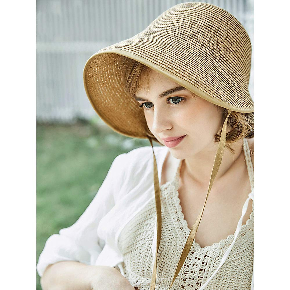 F FADVES French Straw Bonnet Cap for Women Victorian Sun Hat Chin Strap Foldable Light Khaki