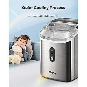 Nugget Countertop Ice Maker - Silonn Chewable Pellet Ice Machine with Self-Cleaning Function, 33lbs/24H, Sonic Ice Makers for Home Kitchen Office, Stainless Steel