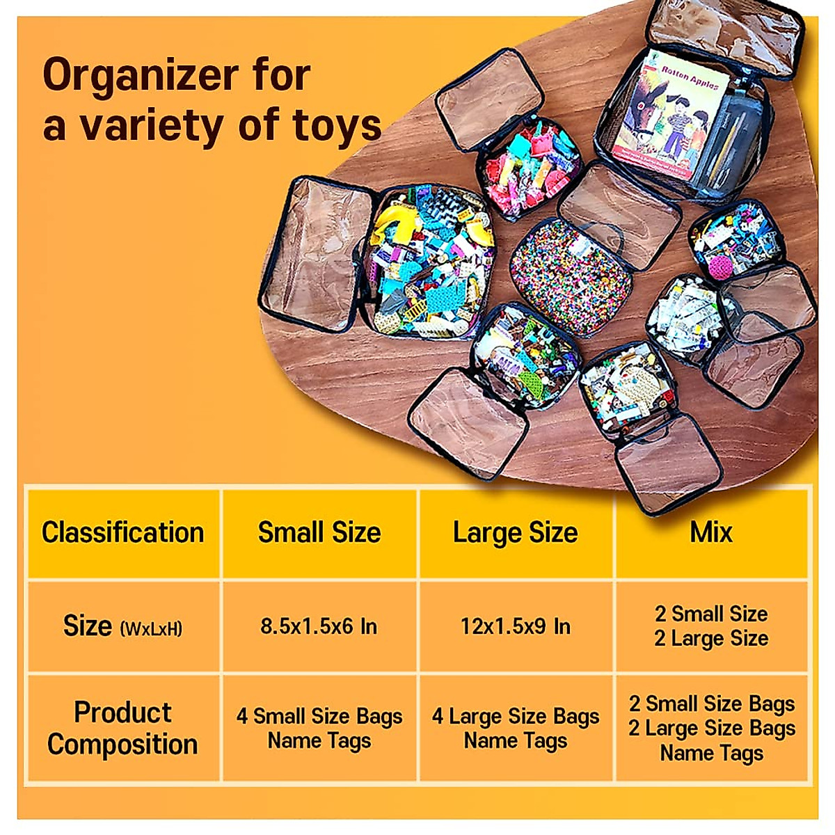 holay 4 Packs PVC Zippered Blocks Set, Toy, Clay, Board game Storage Organizer Case (Name Tag, Manual Pocket) (Black, Small)