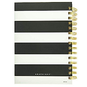 Graphique Classic Charm Hard Cover Journal w/ Elegant Black and White Stripes & "Happy Thoughts" in Embellished Gold Foil Across the Cover, 160 Ruled Pages, 6.25" x 8.25" x 1"
