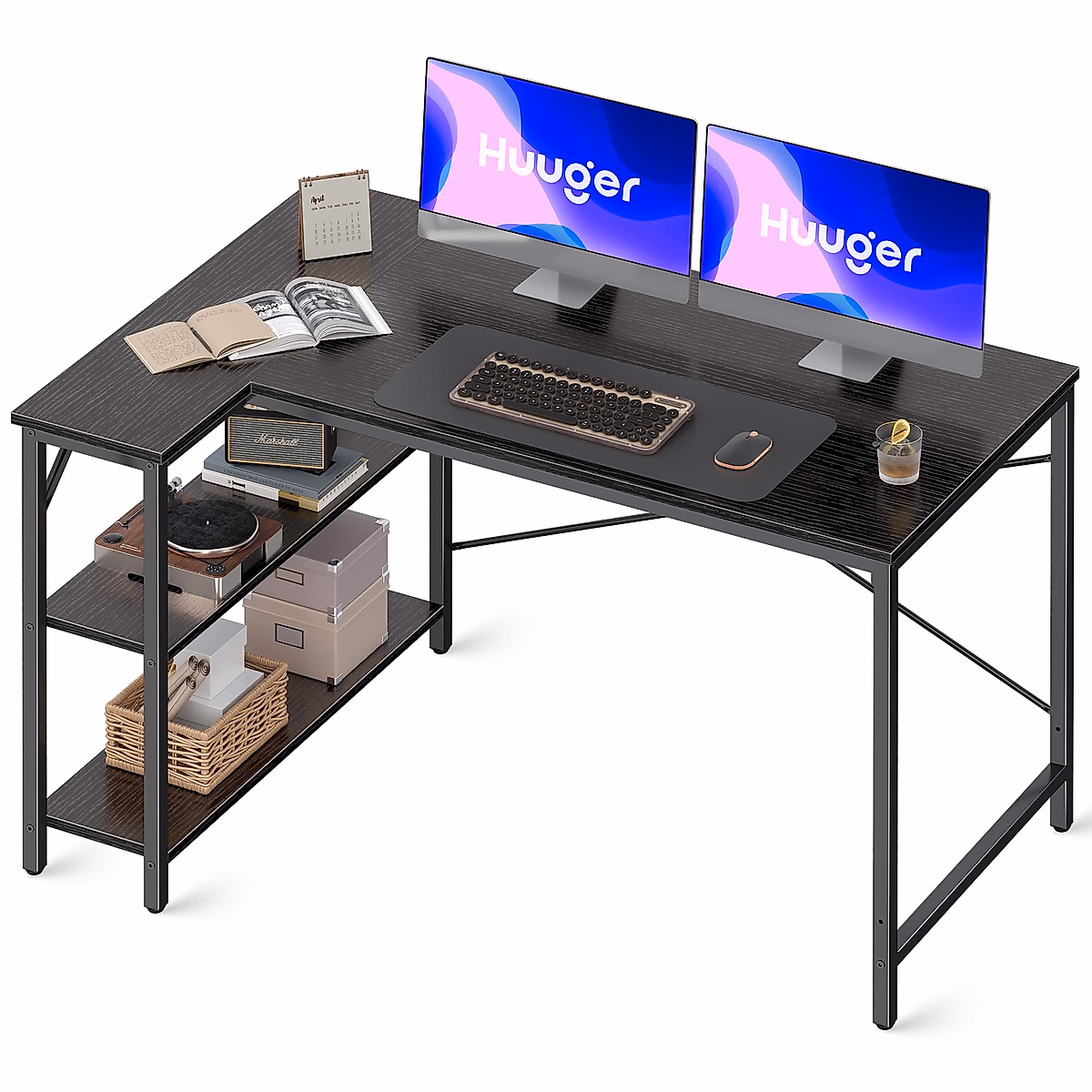 Huuger L Shaped Desk, 47 Inches Computer Desk with Reversible Storage Shelves, Gaming Desk, Corner Desk Home Office Desks, Writing Desk Study Desk with Metal Frame, Black