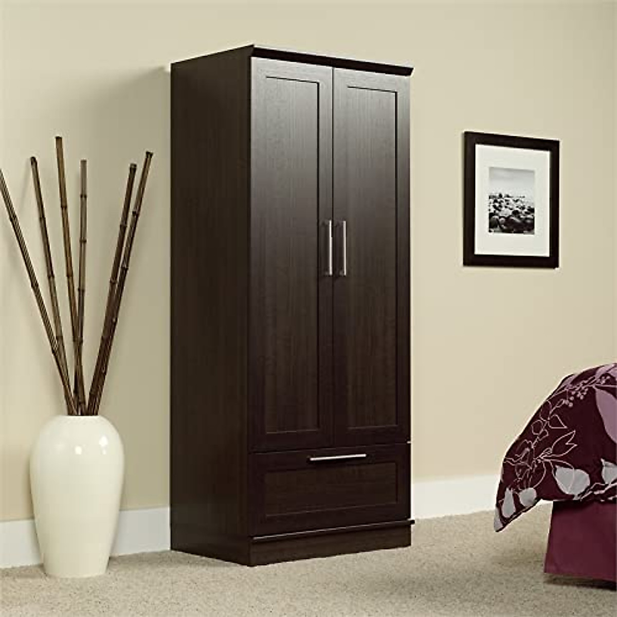 BOWERY HILL Metal Wardrobe Armoire with Garment Rod in Dakota Oak