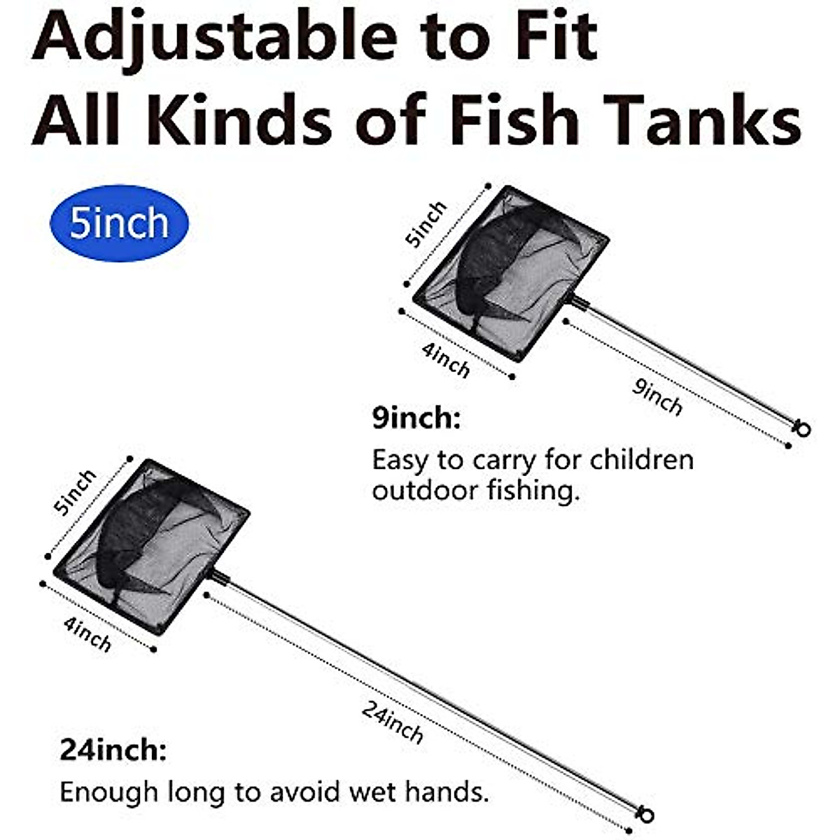 Grepol-V Fish Net for Fish Tank, 5 Inch Fine Mesh Aqurium Net with 9-24 Inch Stainless Steel Long Handle, Extendable Fishing Tank Net for Fish Shrimp Tank, Pond, Creek