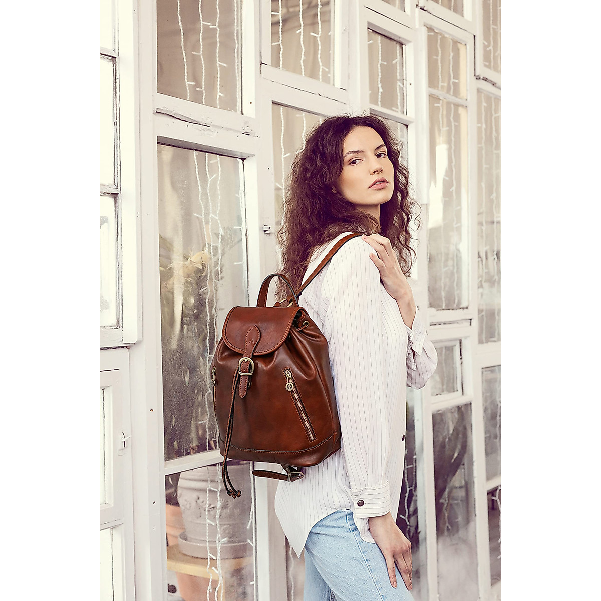 Time Resistance Leather Backpack Full Grain Real Leather Small Rucksack