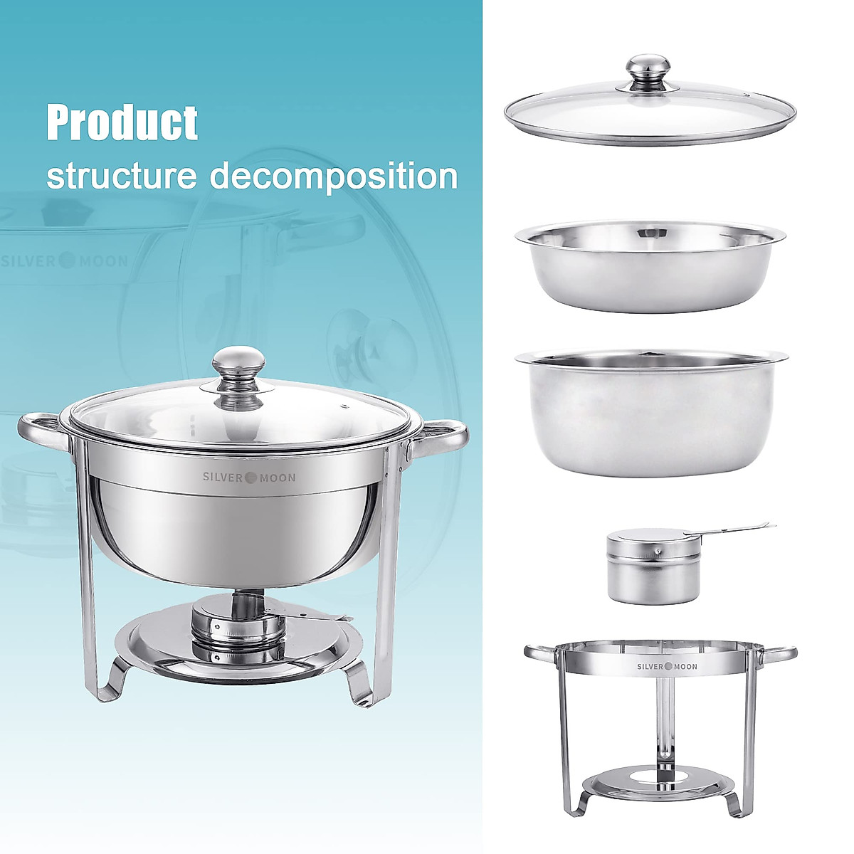 SILVER MOON 4.5 QT Round Chafing Dish, chaffing server set buffet, Stainless Steel Buffet Chafer with Glass Lid, Chafers and Buffet Warmers Set for Catering, Buffet Food Warmer for Parties