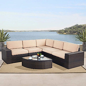 Patiomore 6 Pieces Outdoor Patio Furniture Sets, All-Weather Wicker Rattan Chair Conversation Sectional Sofa with Tempered Glass Table, Brown
