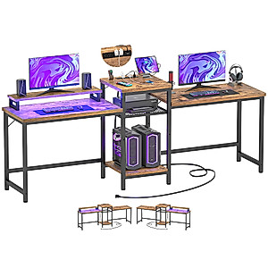 Unikito Double Computer Desk with LED Strip and Power Outlet, 2 Person Desk with Monitor Stand and Storage, Ergonomic Computer Desk with Printer Stand for Home Office, Long Gaming desk, Rustic Brown