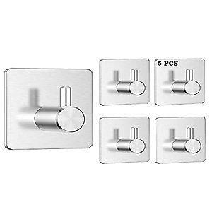 Adhesive Hooks - 5 Pack Heavy Duty Wall Hooks Waterproof Stainless Steel Hooks for Hat Towel Robe Hooks Rack Wall Mount - Bathroom Kitchen Home Hotel Office Cabinet and Bedroom CHROM01