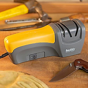 Smith’s 50005 Edge Pro Compact Electric Knife Sharpener - Yellow & Grey - Straight Edge 2 Stage Sharpener - Electric & Manual Sharpening - Blade Guide - Outdoor & Kitchen - Pocket & Filet Knives