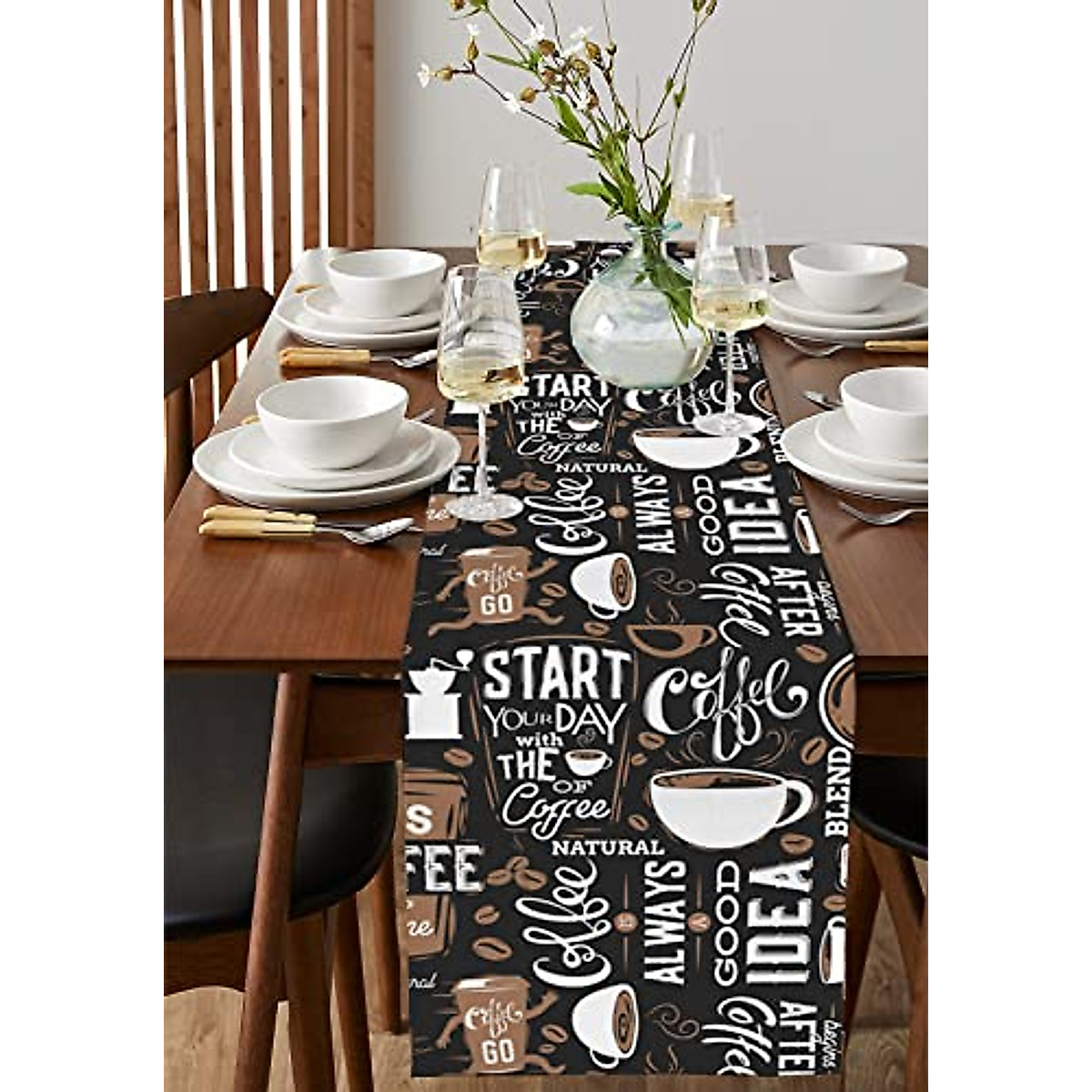 Rural Coffee Table Runner-Cotton Linen-13x90 Inch Holiday Dresser Scarves, Shabby Chic Esppresso Beans Cup Drinking Tablerunner for Kitchen Coffee/Dining Bedroom Home Living Room Dinner Scarf Décor