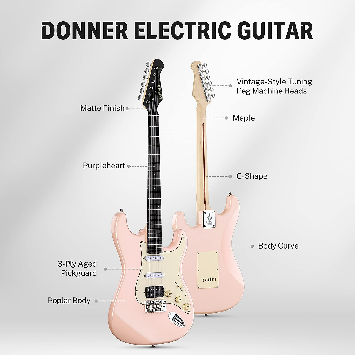 Donner 39 Inch Electric Guitar, Designer Series DST-200 Stylish Solid Body Electric Guitar for Beginner Intermediate & Pro Players, Single Coil Split System, Bonus Bag, Cable, Strap Blossom Pink