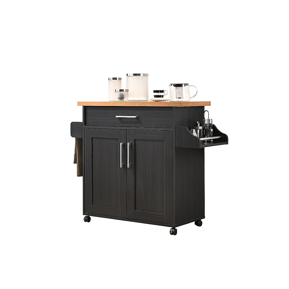Hodedah Kitchen Island with Spice Rack, Towel Rack & Drawer, Black with Beech Top
