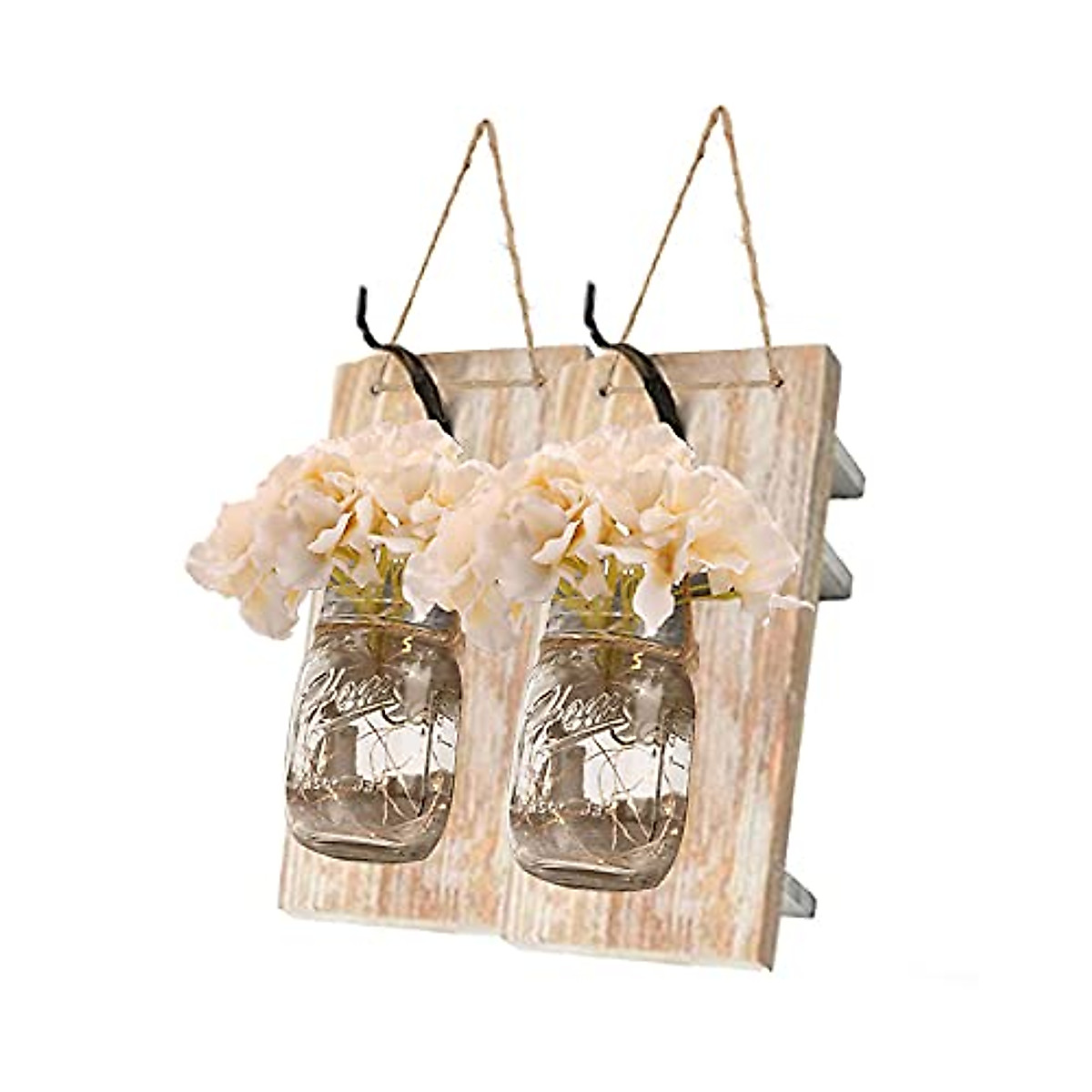Emuardoe Mason Jar Wall Decor Rustic Wall Sconces Decorative 2 Packs LED Fairy Lights and Flowers Farmhouse Home Decor 6 Hours (Three meters, Khaki planks)