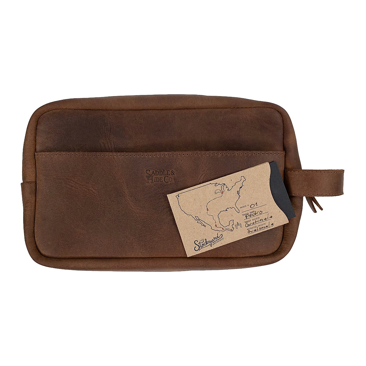 Saddle & Hide Co., Toiletry Bag with Handle Handmade from Full Grain Leather, Hygiene Organizer, Travel Dopp, Bathroom, Shaving, Storage, Travel & Grooming Essentials :: Bourbon Brown