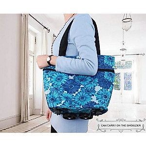 Cowinbest Collapsible Trolley Bags Folding Shopping Bag with Wheels Foldable Shopping Cart Reusable Shopping Bags Grocery Bags Shopping Trolley Bag on Wheels(Blue) Large