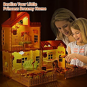 RASSR Dollhouse for 2-3 Year Old Girls, Doll House with Lights, Steam Chimney and Garden Building Toys, DIY Pretend Dollhouse Kit with Dollhouse Furniture Accessories and Doll, Doll House 4-5 Year Old