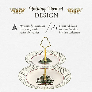 Spode - Christmas Tree Collection, 2-Tiered Tray, for Serving Food, Cake, and Desserts, Server Tier Measures at 8" and 10", Polka Dot Motif with Gold Handle, Dishwasher Safe