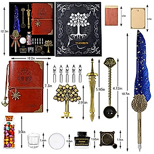 TIANREN Antique Quill Pen and Ink Set,Feather Dip Pen,Life Tree Calligraphy Pen with 5 Replaceable Nibs,Wax Seal Stamp kits,Wax Beads & Writing Notebook Christmas Gift for Men&Women.(Blue)