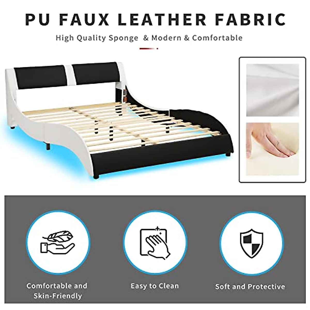 Led Bed Frame Queen Size Modern Upholstered Platform Bed Frame with LED Lights Faux PU Leather Wave Like Low Profile Platform Bed Frame with Headboard, Wooden Slats, No Box Spring Needed, Black+White