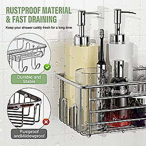 Shower Caddy Shelf Organizer Storage: 2 Pack Adhesive Wall Shampoo Holder with Soap Holder and Hooks, Stainless Steel Rustproof Shower Shelf for Inside Shower Bathroom Basket, No Drilling - Silver