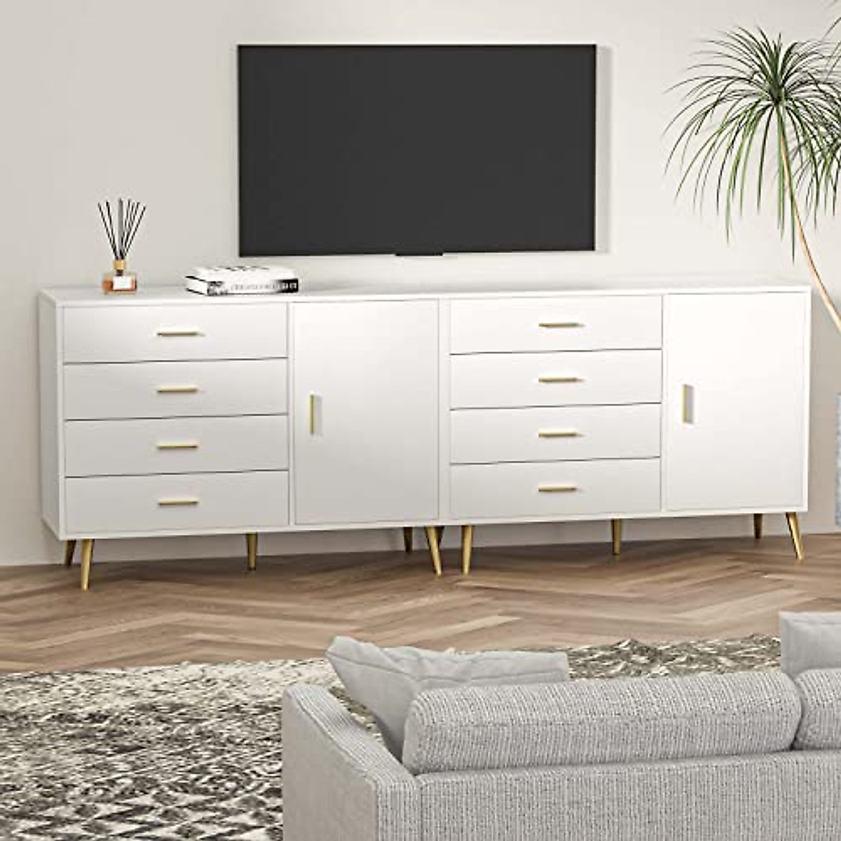 RESOM Storage Cabinet with Drawers & Door, Sideboard Cabinet with Adjustable Shelf, Printer Stand for Home Office, Free Standing Accent Cabinet for Living Room, Bedroom and Hallway (White)