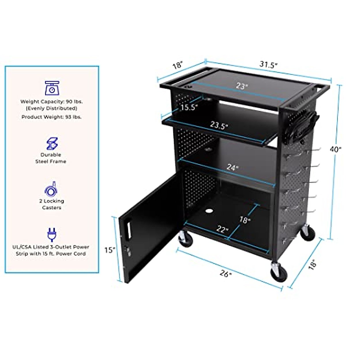 Line Leader Stellar AV Cart | Computer Cart with Pegboard Siding & 12 Hooks for Customizable Storage | Locking Cabinet & Pullout Keyboard Tray | UL Safety Certified Power Outlets | Locking Wheels 