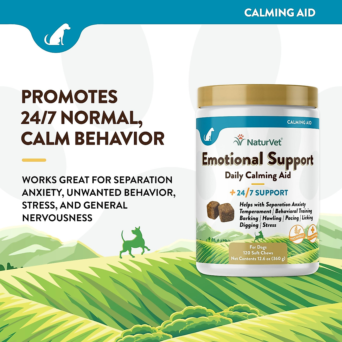 NaturVet Emotional Support Daily Calming Aid Dog Supplement - Helps Promote 24/7 Normal, Calm Behavior - for Dog Stress, Nervousness, Separation, Unwanted Behavior - 120ct Soft Chews