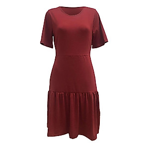 Padaleks Women's Summer Short Sleeve Tunic Dress O Neck Solid Casual Flowy Pleated Loose Mini Dresses w/Pockets