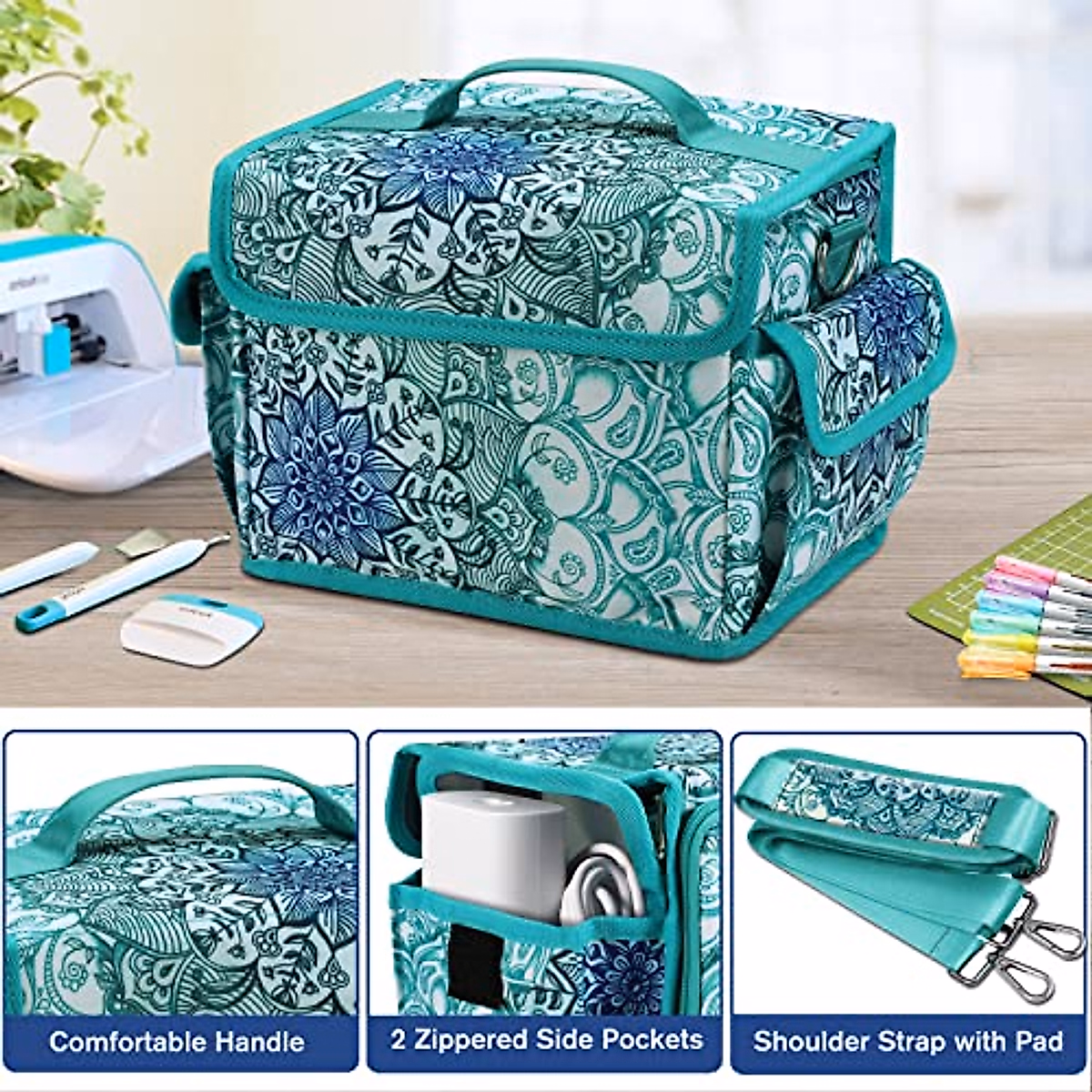 FINPAC Portable Carrying Bag for Cricut Joy, Storage Organizer Tote Bag, Carrying Case with Supplies Storage Sections (Emerald Illusions)