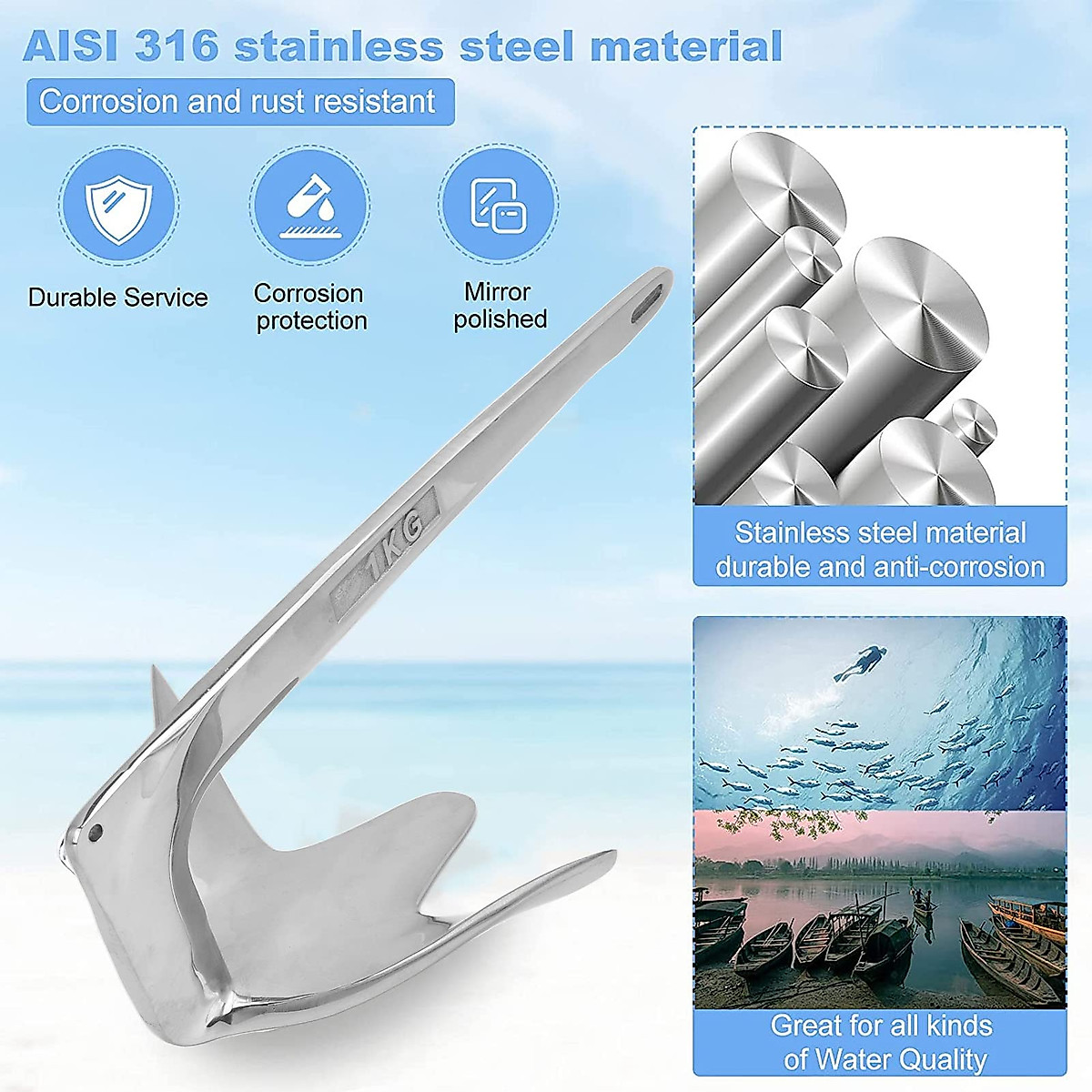 Aramox Boat Anchor, 1kg/2.2lb Claw Boat Anchor Heavy Duty 316 Stainless Steel Anchor Mirror Polish Marine Accessories