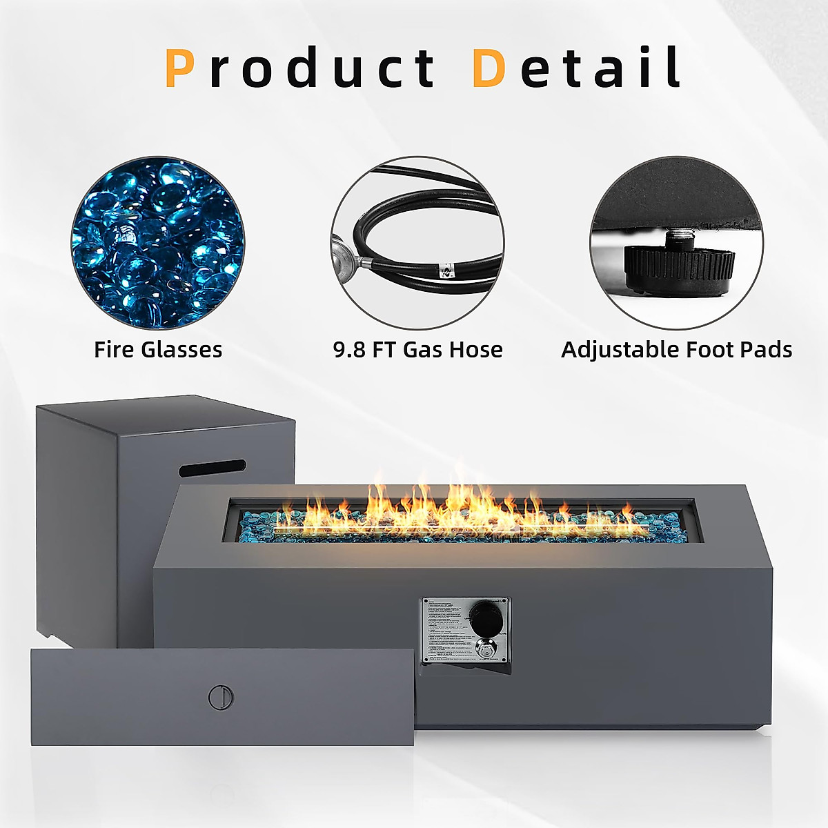 UPHA 42-Inch Outdoor Gas Fire Pit Table 50000 BTU Iron Rectangular Fire Pit for Outdoor Patio with Tank Cover Table, Metal Lid, Fire Glass, Rain Cover, Dark Grey