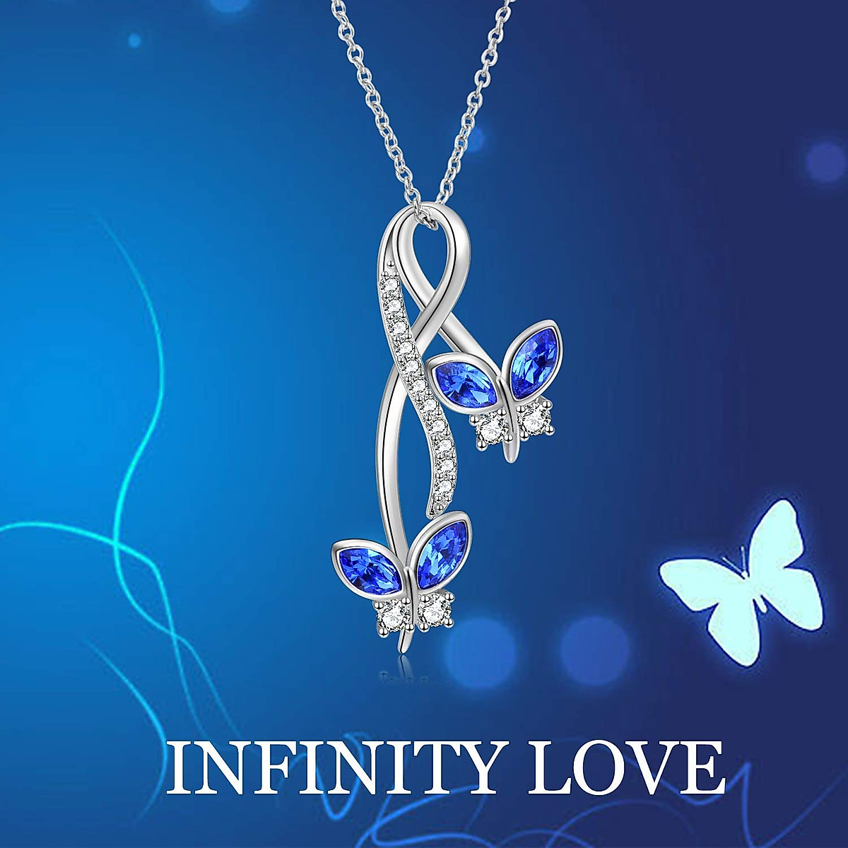 AOBOCO Sterling Silver Infinity Butterfly Necklace, Butterfly Pendant Made with Simulated Sapphire Birthstone Crystal from Austria, Birthday Anniversary Jewelry Gifts for Women(Blue)