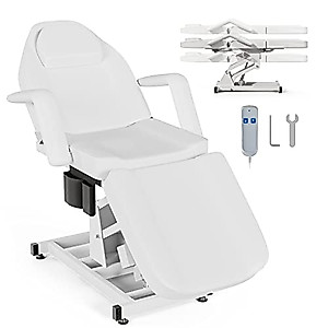 Paddie Electric Height Adjustable Tattoo Spa Bed Chair, Electric Lift Massage Table 3-Section Folding with Storage Pocket for Client/Esthetician/Artist, White