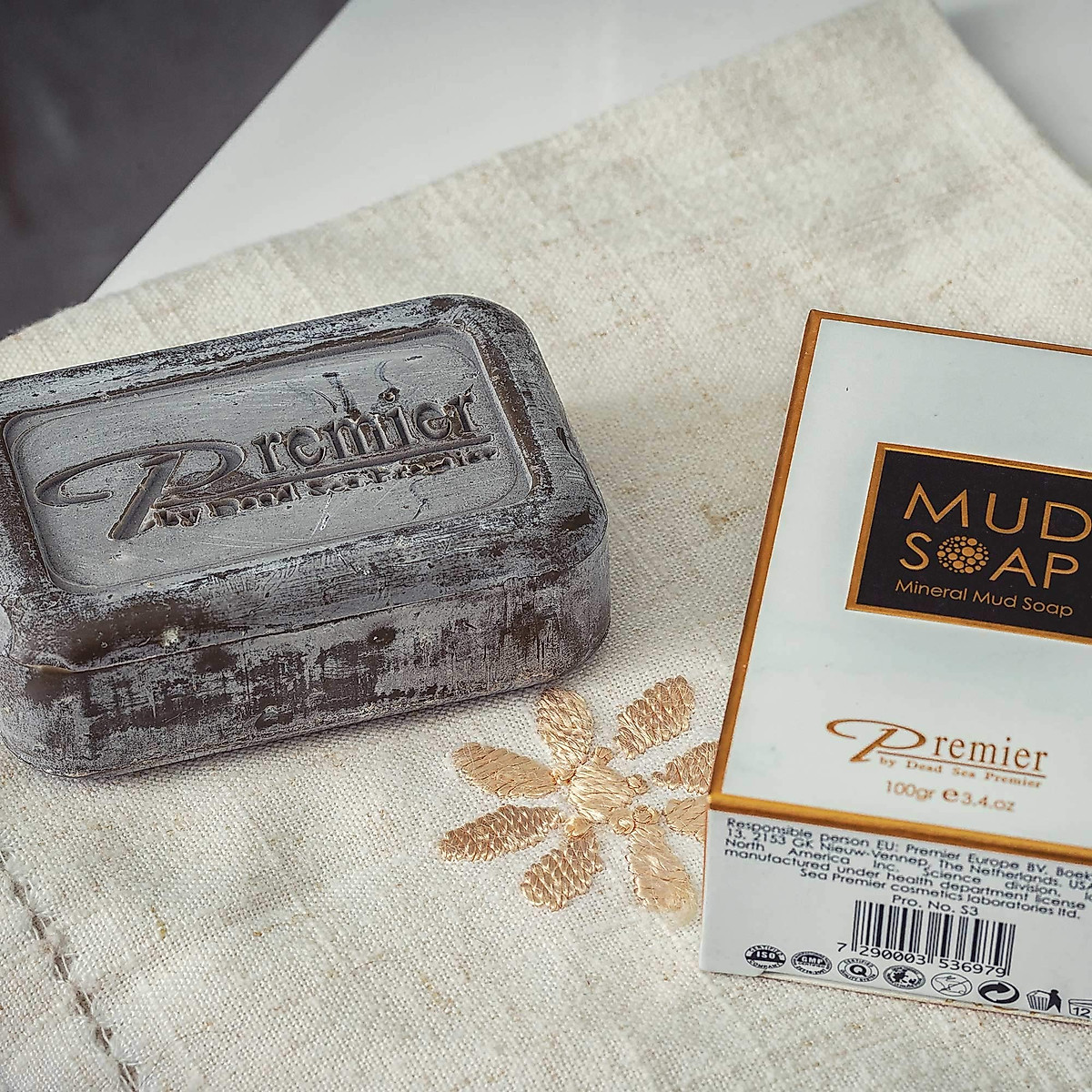 Premier Dead Sea Mineral MUD bar Natural body wash, face wash, hand soap, for all Skin Types. Therapeutic and Antibacterial, helps with Acne, Rosacea, Eczema and Psoriasis, 3.4 Oz