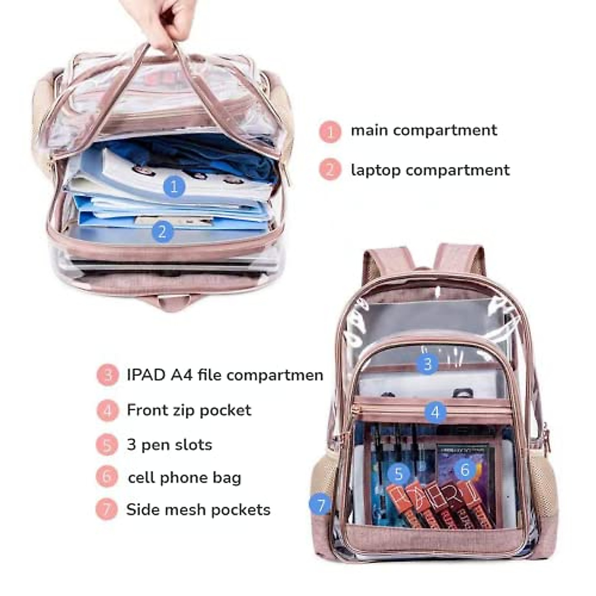 HIQUAY Heavy Duty Multi-Pockets Transparent Bookbag Clear Backpack Large Capacity See Through Backpack for Office (Pink)