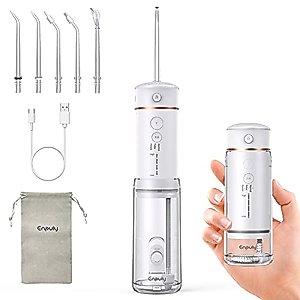Water Flosser Cordless - ENPULY Portable Water Teeth Cleaner Pick with 3 Cleaning Modes & 5 Pressure Modes, 5 Jet Tips, IPX7 Waterproof, Rechargeable Oral Irrigator for Braces Bridges Tooth Care,White