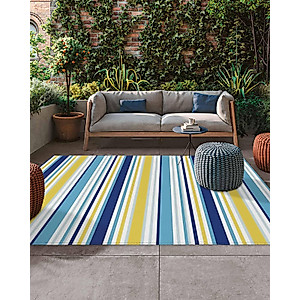 Blue Yellow Striped Outdoor Rug for Patio/Deck/Porch, Non-Slip Large Area Rug 4 x 6 Ft, Farmhouse Navy Blue Ombre Stripes Indoor Outdoor Rugs Washable Area Rugs, Reversible Camping Rug Carpet Runner