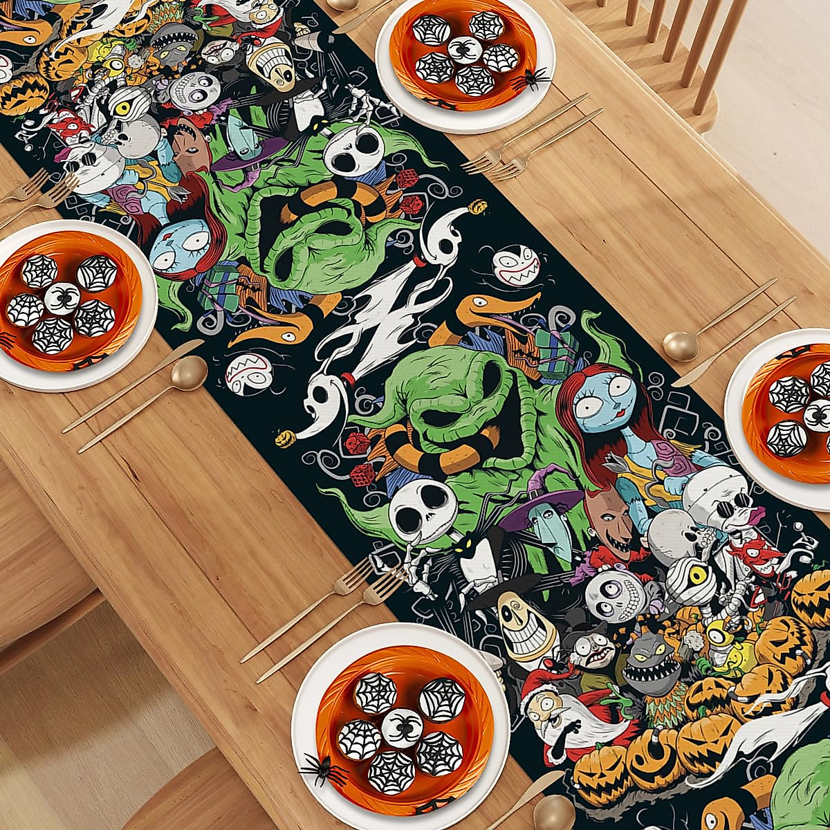 Linen Nightmare Before Christmas Halloween Table Runner Jack Skellington Jack and Sally Decorations and Supplies for Home Kitchen Dining Room Table