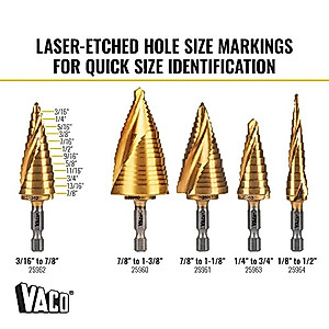 Klein Tools 25962 Step Drill Bit, 3/16 to 7/8-Inch, Spiral Double-Fluted, Cuts Thin Metal, Plastic, Aluminum, Wood, 1/4-Inch Hex Shank, VACO