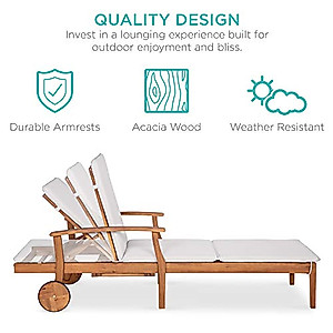 Best Choice Products 79x26in Acacia Wood Chaise Lounge Chair Recliner, Outdoor Furniture for Patio, Poolside w/Slide-Out Side Table, Foam-Padded Cushion, Adjustable Backrest, Wheels - Cream