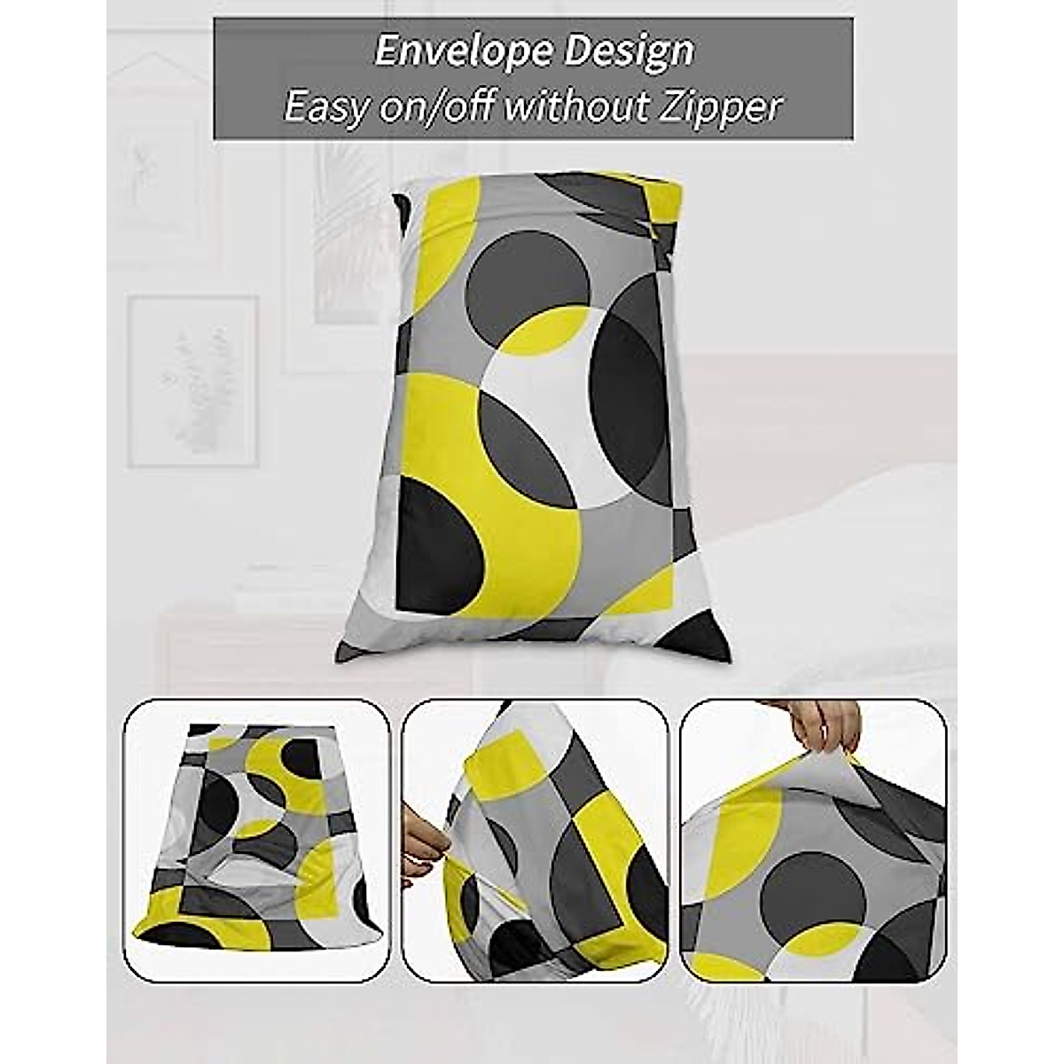 Yellow Black Grey Pillow Covers Standard Size Set of 2 Bed Pillow, Modern Geometric Abstract Art Aesthetics Plush Soft Comfort for Hair/ Skin Cooling Pillowcases with Envelop Closure 20''x26''