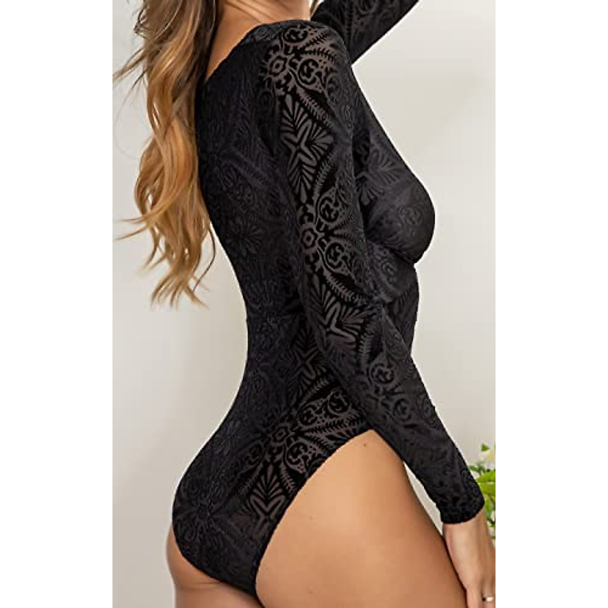 Avery Rose - Dominique Sexy Long-Sleeved Black Burnout Velvet Twisted V-Neck Bodysuit (Small), Made in USA