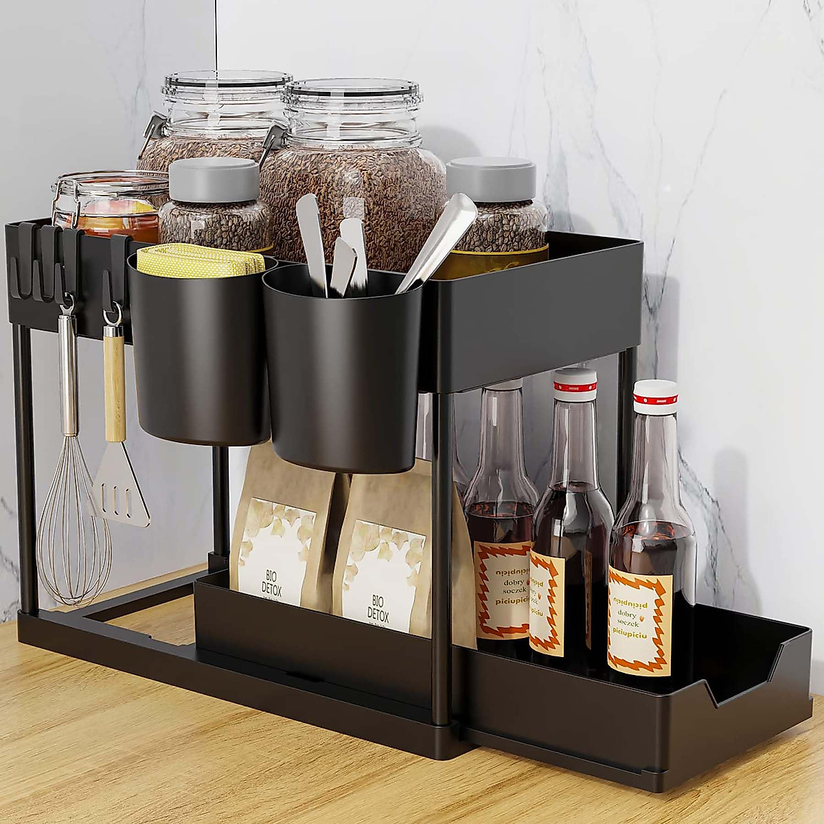 LONONE Black Under Sink Organizer Metal Under Sink Organizers and Storage 2 Tier Sliding Cabinet Organizer Pull Out Shelves Under Kitchen Sink
