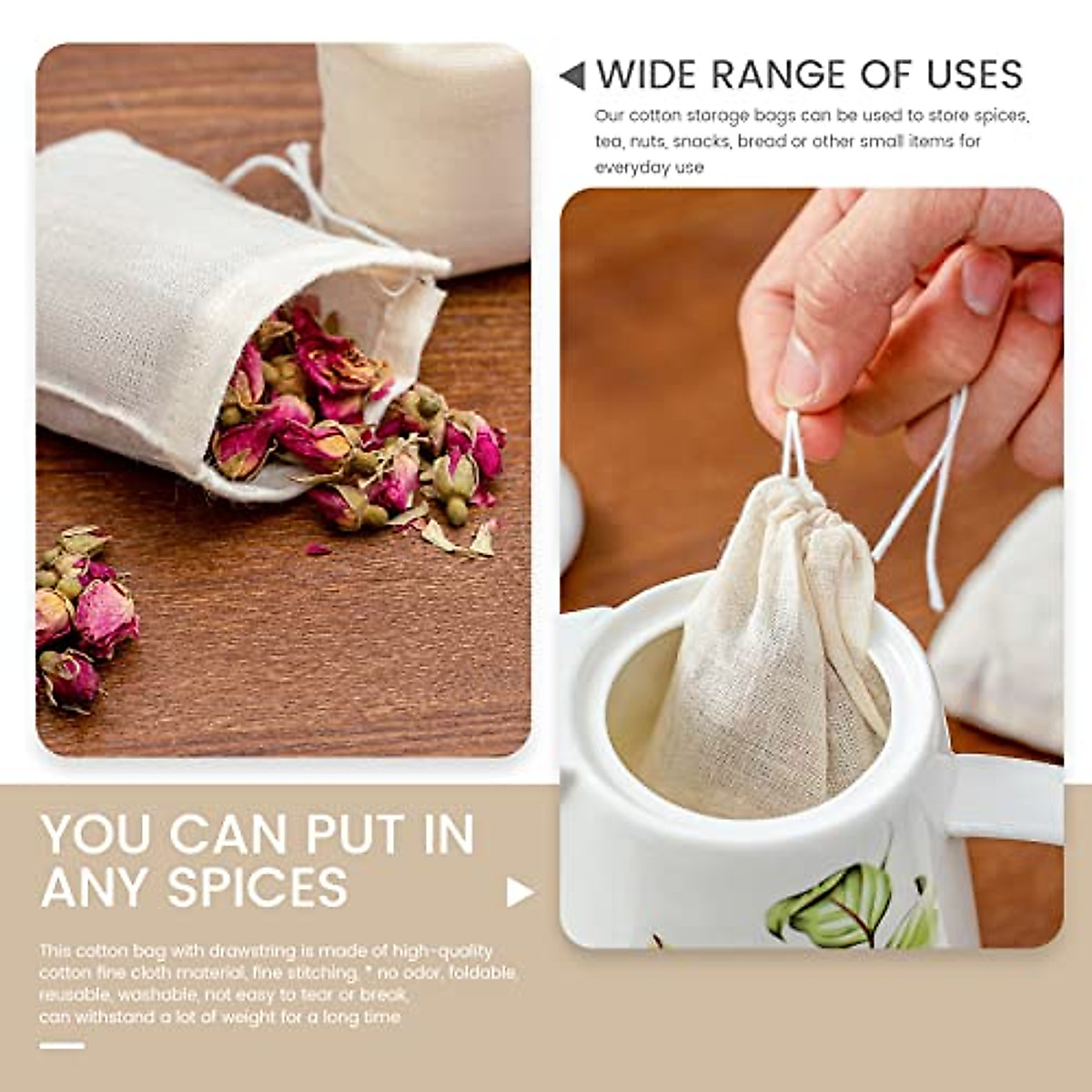 JW CRAFT Reusable Muslin Bags 3 x 4 Inches | 50 pcs Small Drawstring Bags | Spice Bags for Cooking 100% Eco-Friendly Cotton Bag