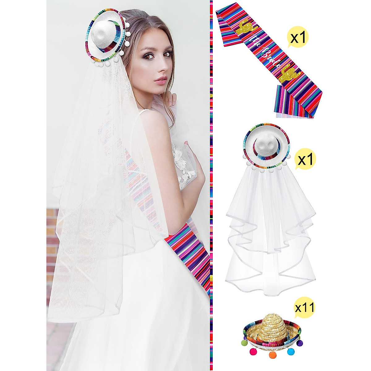 Halfchet 13 Pieces Fiesta Wedding Veil Bachelorette Party Decorations Fiesta Bachelorette Veil the Bride Sash 11 Bridesmaid Hat for Mexican Theme Bridal Shower Favor