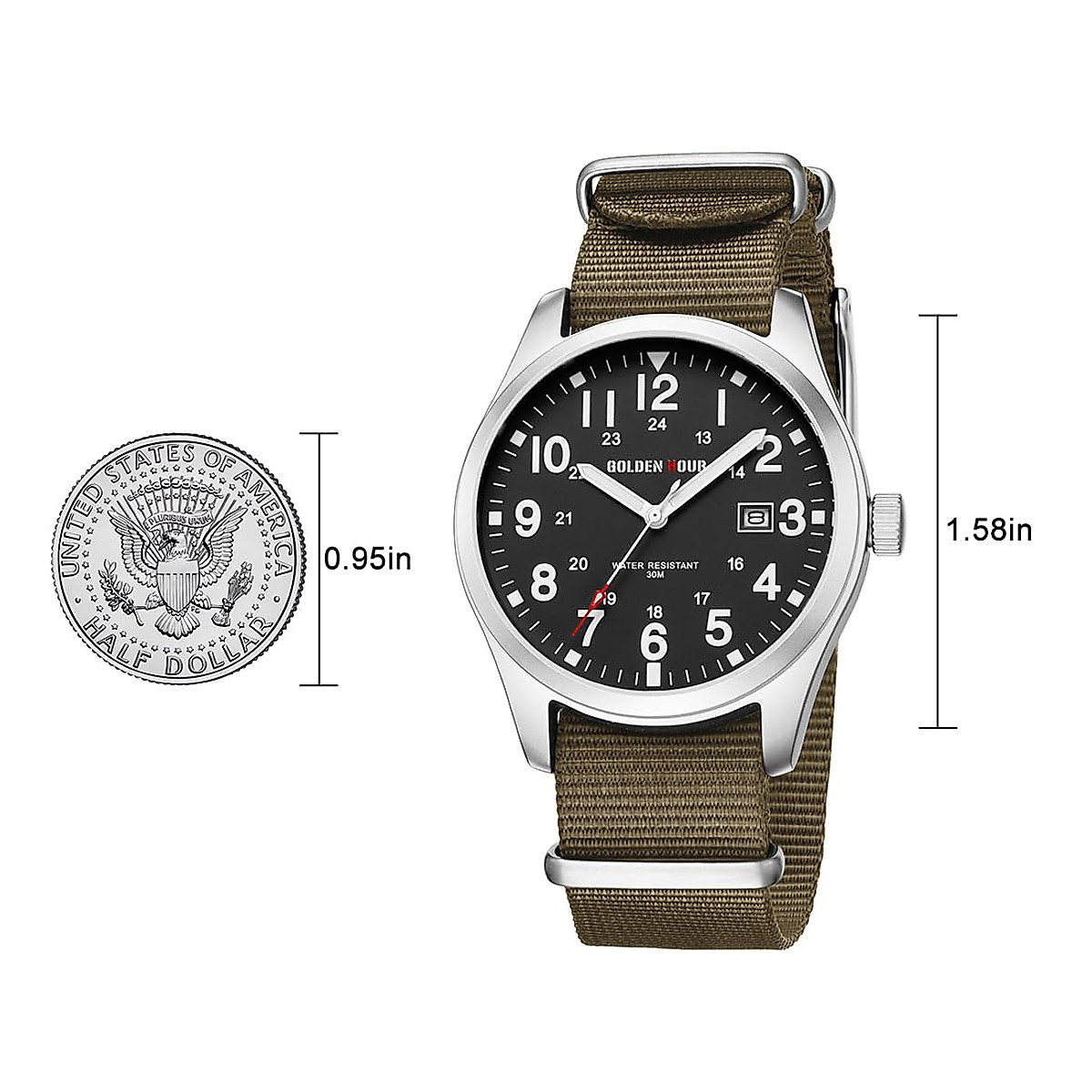 GOLDEN HOUR Men's Nylon Slip-Thru Strap Watch with Military Time Easy Read Dial Glowing Hands in Silver Brown