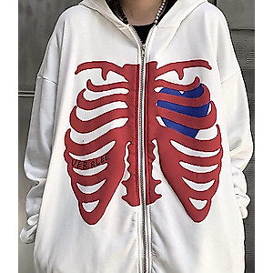 MARLLCO Skeleton Zip Up Hoodie Y2k Skeleton Sweatshirt Jacket Skeleton Hoodies for Men Women Thoracic Heart Skull Hoodie (White,XXL)